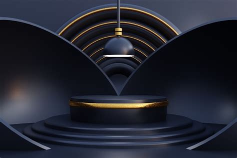 어두운 테마 3d 배경 광택 제품은 기하학적 플랫폼이 있는 금속 연단 장면을 표시합니다 연단이 있는 배경 벡터 3d 렌더링 제품을 보여주기 위해 서십시오 받침대 디스플레이
