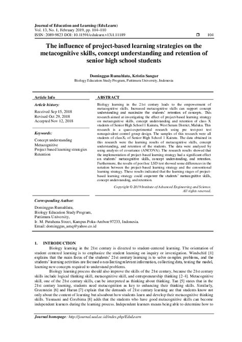 Pdf The Influence Of Project Based Learning Strategies On The Metacognitive Skills Concept