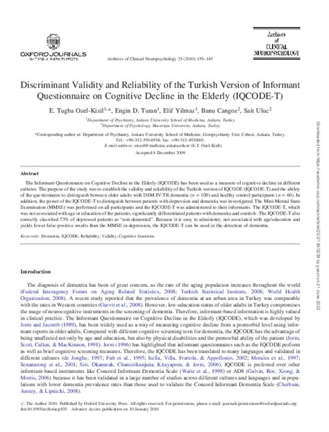 Pdf Discriminant Validity And Reliability Of The Turkish Version Of Informant Questionnaire On