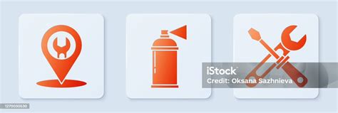 페인트 스프레이 캔 자동차 서비스 및 드라이버 및 렌치 도구를 설정합니다 흰색 정사각형 버튼 벡터 공구상자에 대한 스톡 벡터 아트 및 기타 이미지 Istock