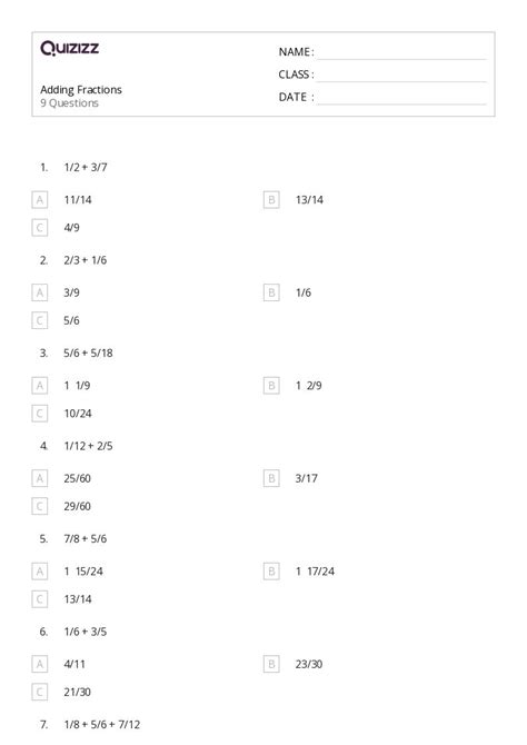 50 Adding Fractions Worksheets For 6th Grade On Quizizz Free And Printable