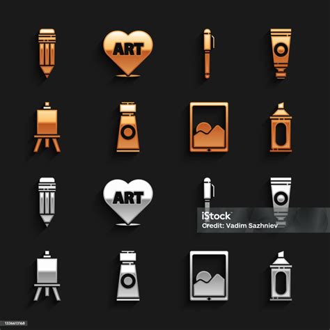 페인트 팔레트 마커 펜 그래픽 태블릿 이젤 또는 페인팅 아트 보드 펜 연필 지우개 및 하트 텍스트 아이콘으로 튜브를 설정합니다 벡터 검은색에 대한 스톡 벡터 아트 및 기타