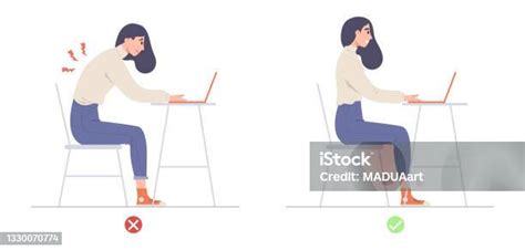 테이블에 컴퓨터를 사용하는 동안 앉아 올바른 방법을 보여주는 그림 안전한 바디 백 자세에 대한 스톡 벡터 아트 및 기타 이미지