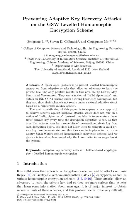 Pdf Preventing Adaptive Key Recovery Attacks On The Gsw Levelled Homomorphic Encryption Scheme