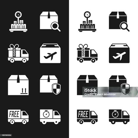 세트 평면 및 골판지 상자 선물 배달 트럭 규모 검색 패키지 골판지 트래픽 보안 방패 스톱 워치 및 무료 배달 서비스 아이콘 벡터 감시에 대한 스톡 벡터 아트 및 기타
