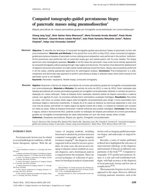 Pdf Computed Tomography Guided Percutaneous Biopsy Of Pancreatic Masses Using Pneumodissection