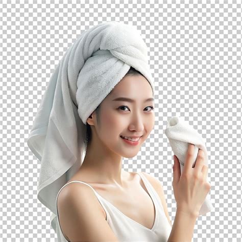 Premium Psd Asian Woman Drying Hair With Towel Transparent Background