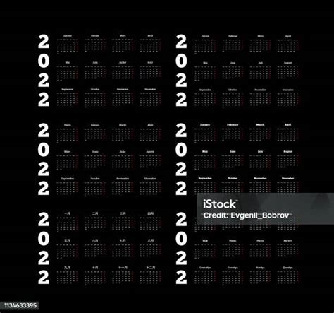 영어 독일어 러시아어 프랑스어 스페인어 및 중국어와 같은 다른 언어에 대 한 2022 년 간단한 달력의 세트 어두운 배경 0명에 대한 스톡 벡터 아트 및 기타 이미지