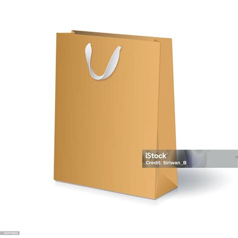 종이 쇼핑백 모형 빈 갈색 크래프트 종이 쇼핑백 흰색 리본 핸들 모형 템플릿이 있는 선물 가방 흰색 배경에 고립되어 있습니다