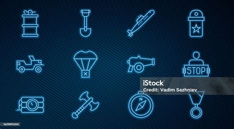 세트 라인 군사 보상 메달 정지 잠수함 낙하산으로 날아가는 상자 손 연기 수류탄 대포 및 공병 삽 아이콘 벡터 4x4 자동차에