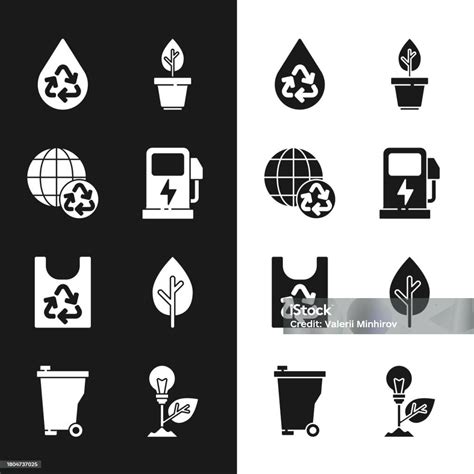 전기 자동차 충전소 행성 지구 및 재활용 깨끗한 아쿠아 재활용 화분 재활용 비닐 봉투 나무 전구 잎 및 휴지통 아이콘을 설정합니다 벡터 0명에 대한 스톡 벡터 아트 및 기타