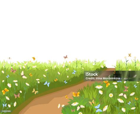길 야생화와 나비가 있는 초원 그림 잔디 클로즈업 녹색 풍경 격리 만화 스타일 플랫 디자인 꽃 벡터 아트 0명에 대한 스톡 벡터 아트 및 기타 이미지 Istock