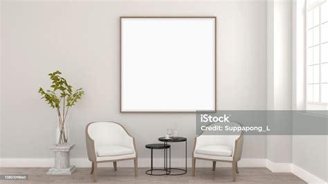 벽에 흰색 빈 프레임이 있는 현대적인 클래식 한 인테리어 룸 3d 일러스트레이션 0명에 대한 스톡 사진 및 기타 이미지 0명 가구 개념 Istock