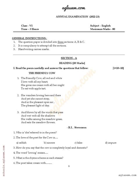 Class 6 English Question Paper 2023 Pdf 6th Annual Exam English