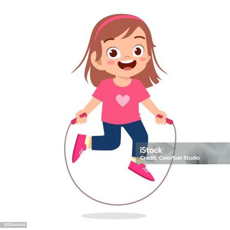 행복 귀여운 아이 소녀 놀이 점프 로프 밧줄에 대한 스톡 벡터 아트 및 기타 이미지 밧줄 스포츠 뛰기 Istock