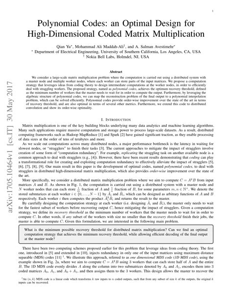 Pdf Polynomial Codes An Optimal Design For High Dimensional Coded Matrix Multiplication