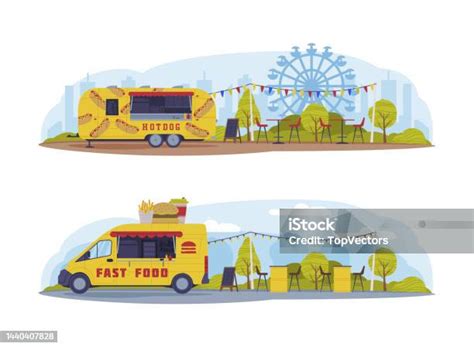 공원 거리 시장 및 박람회에서 음식을 판매 하기 위한 상업용 트럭 세트 만화 벡터 일러스트 레이 션 거리에 대한 스톡 벡터 아트