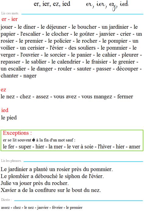 Lecture Er Ier Ez Ied Apprendre à Lire