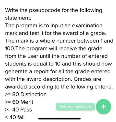 Solved Write The Pseudocode For The Following Statement The