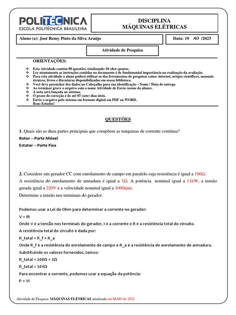 Atividade De Pesquisa José Remy Pinto Da Silva Araújo Pdf Energia