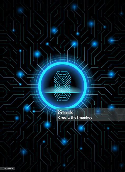 사이버 보안 지문 다크 블루 추상적 인 디지털 개념 기술 배경 컴퓨터 기술 웹 사이트 인터넷 인포 그래픽 손가락 인쇄 스캐닝 핸드 프린트 Cpu에 대한 스톡 벡터 아트 및