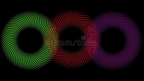 three optical illusion circles consisting of green red and purple