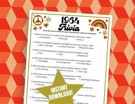 1964 Trivia Game Fun 1964 Quiz Questions Answers 1964 Printable Game For 60th Birthday Party