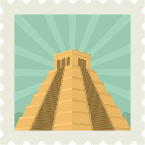 Orange Mayan Temple With Green Rays Background For Stamp Or Ticket