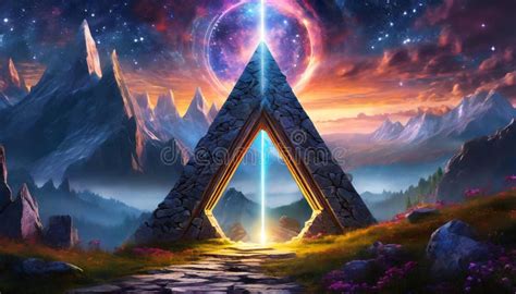 Magic Triangle Portal At Night Fantasy Landscape Beautiful Mystery Scenery Stock Illustration