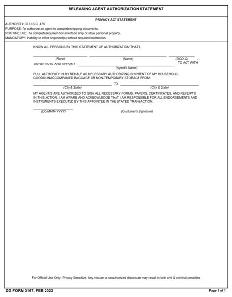 DD Form 3167 Releasing Agent Authorization Statement DD Forms