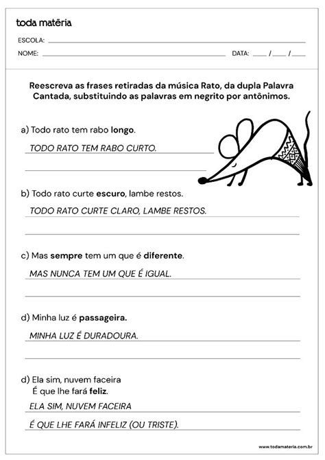 Atividades De Sinônimos E Antônimos Para 2º Ano Com Respostas Toda