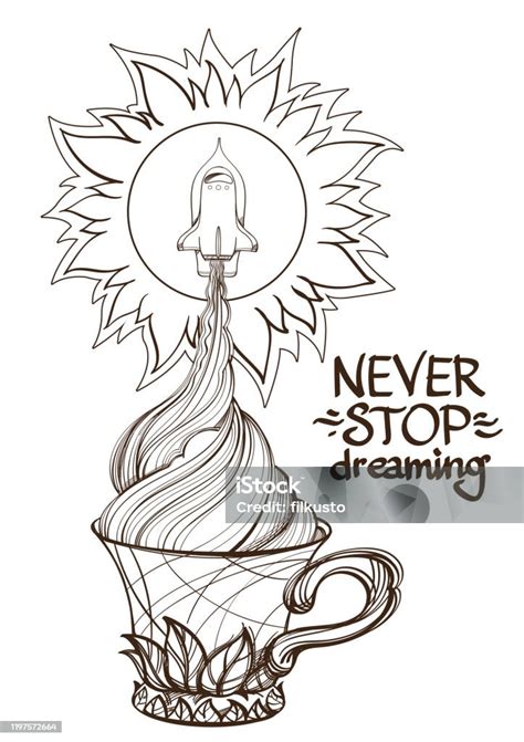 우주선과 커피 차 또는 핫 초콜릿의 찻잔과 그림에 대한 스케치 티셔츠와 다양한 아이템과 선물에 대한 공간 테마 디자인에 초현실적 인 일러스트 개념에 대한 스톡 벡터 아트 및