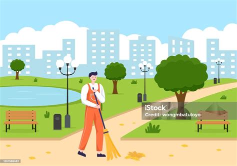 청소 서비스 평면 디자인 일러스트 배경 배너 또는 포스터빗자루로 나뭇잎에서 길을 청소하고 청소하는 사람들 가사 집안일에 대한 스톡 벡터 아트 및 기타 이미지 Istock