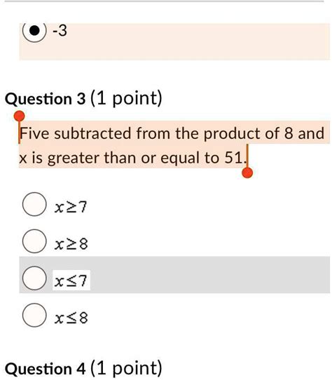 Solved Five Subtracted From The Product Of 8 And X Is Greater Than Or Equal To 51 8 Question