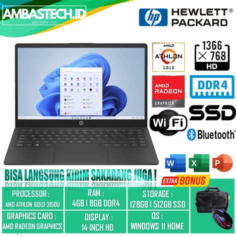 Jual Laptop Gamin Hp 14 AMD Athlon Gold 3150U 16GB 1TB 14 HD Windows 11 Home Black Shopee