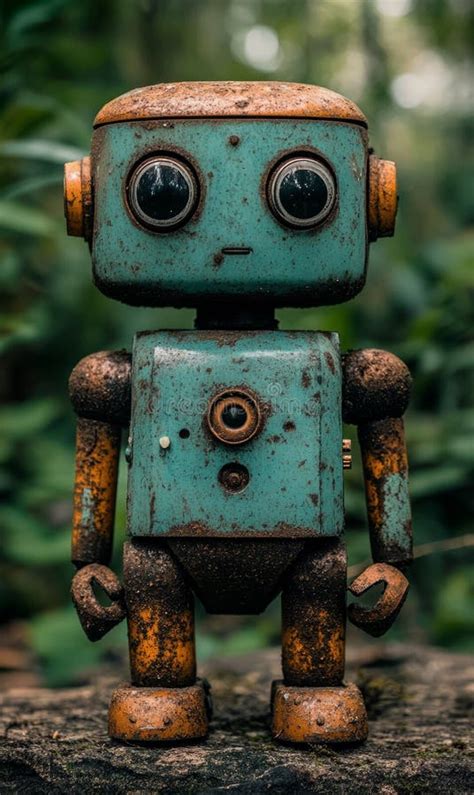 Rusty Miniature Robot Stands In A Lush Green Setting Surrounded By Foliage Stock Photo Image