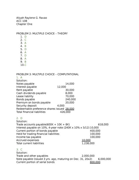 Acc 108 Chapter 1 Multiple Choice Aliyah Raylene G Ravao Acc 108 Chapter One Problem 2