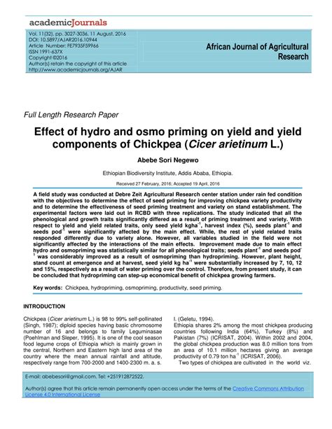 Pdf Effect Of Hydro And Osmo Priming On Yield And Yield Components Of
