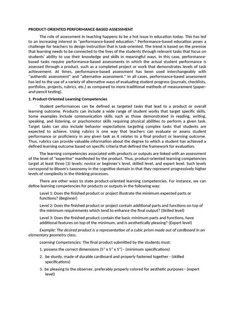 Product Oriented Performance Based Assessment Pdf Educational Assessment Rubric Academic