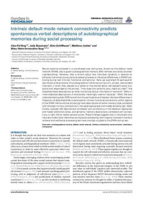Pdf Intrinsic Default Mode Network Connectivity Predicts Spontaneous Verbal Descriptions Of