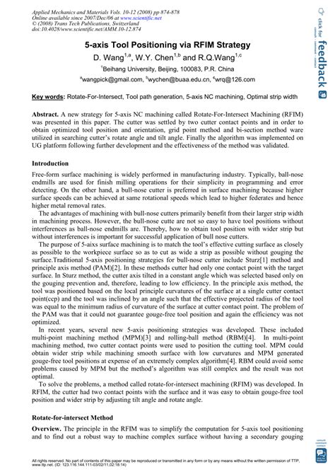 Pdf 5axis Tool Positioning Via Rfim Strategy