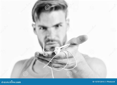Try This Perfect Sound Mp Player Muscular Man Listen Music On Phone Mp Player Stock Image