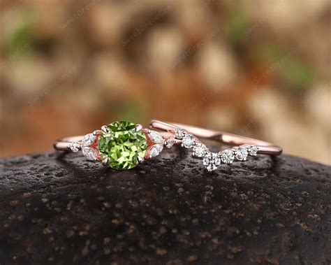 Vintage Round Cut Peridot Engagement Ring Set Unique Peridot Wedding Promise Ring Set Peridot