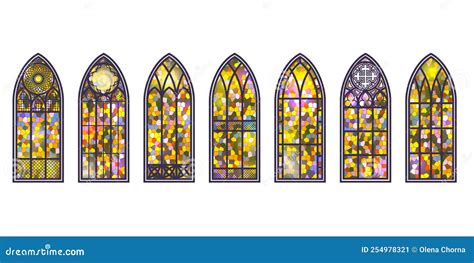 Gothic Windows Set Vintage Stained Glass Church Frames Element Of