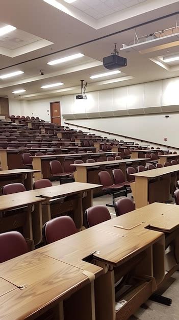 Modern University Lecture Hall With Rows Of Wooden Desks And Maroon Chairs In An Empty Classroom