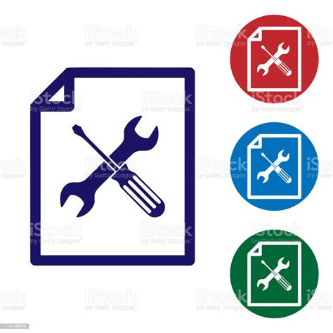 드라이버와 렌치 아이콘이 흰색 배경에 고립 된 파란색 파일 문서 조정 서비스 설정 유지 보수 수리 및 수정 원 버튼의 색상