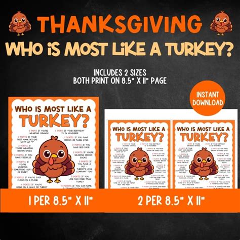 Classroom Thanksgiving Game Printable Who Is Most Like A Turkey Game