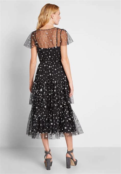 Modcloth Tulle There Was You Midi Dress Blacksilver Stars Modcloth Vintage Dresses Plus