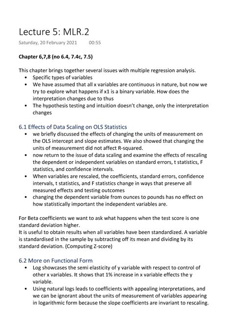 Lecture 5 MLR 2 Page 1 Chapter 6 7 8 No 6 7 7 This Chapter Brings Together Several Issues
