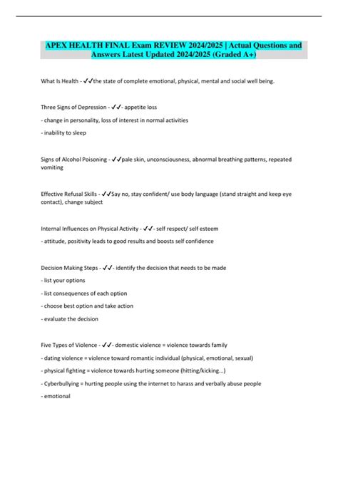 APEX HEALTH FINAL Exam REVIEW Actual Questions And Answers Latest Updated